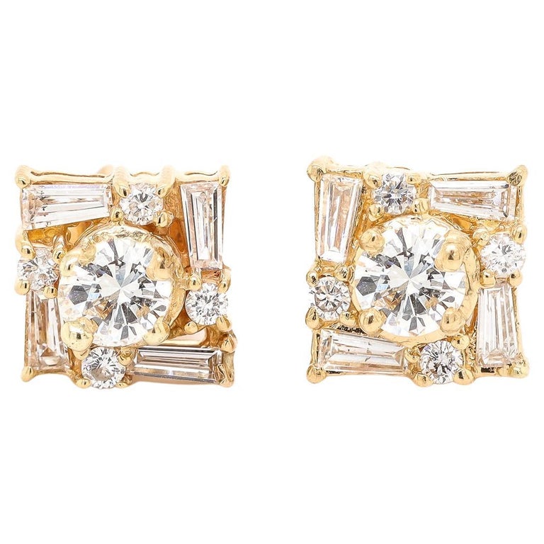 14K Yellow Gold Studs Puzzle Diamond Earrings For Sale at 1stDibs
