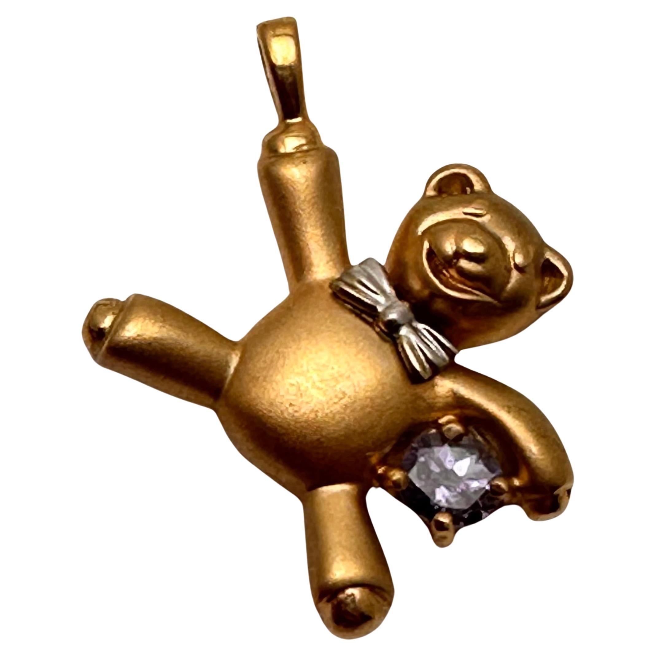 14k Yellow Gold Teddy Bear 4mm Round Tanzanite Pendant Charm For Sale ...