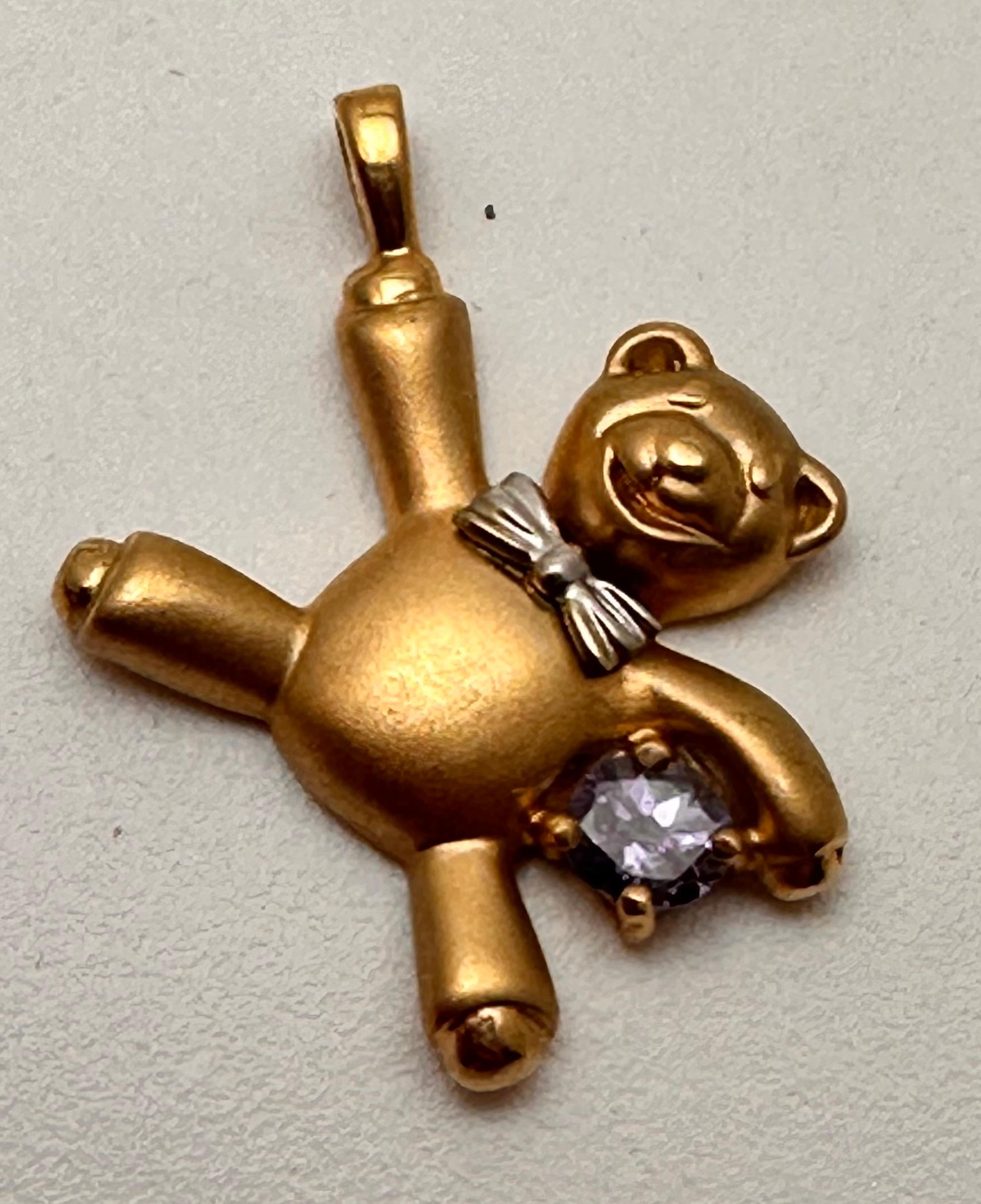 14k Yellow Gold Teddy Bear 4mm Round Tanzanite Pendant Charm For Sale ...