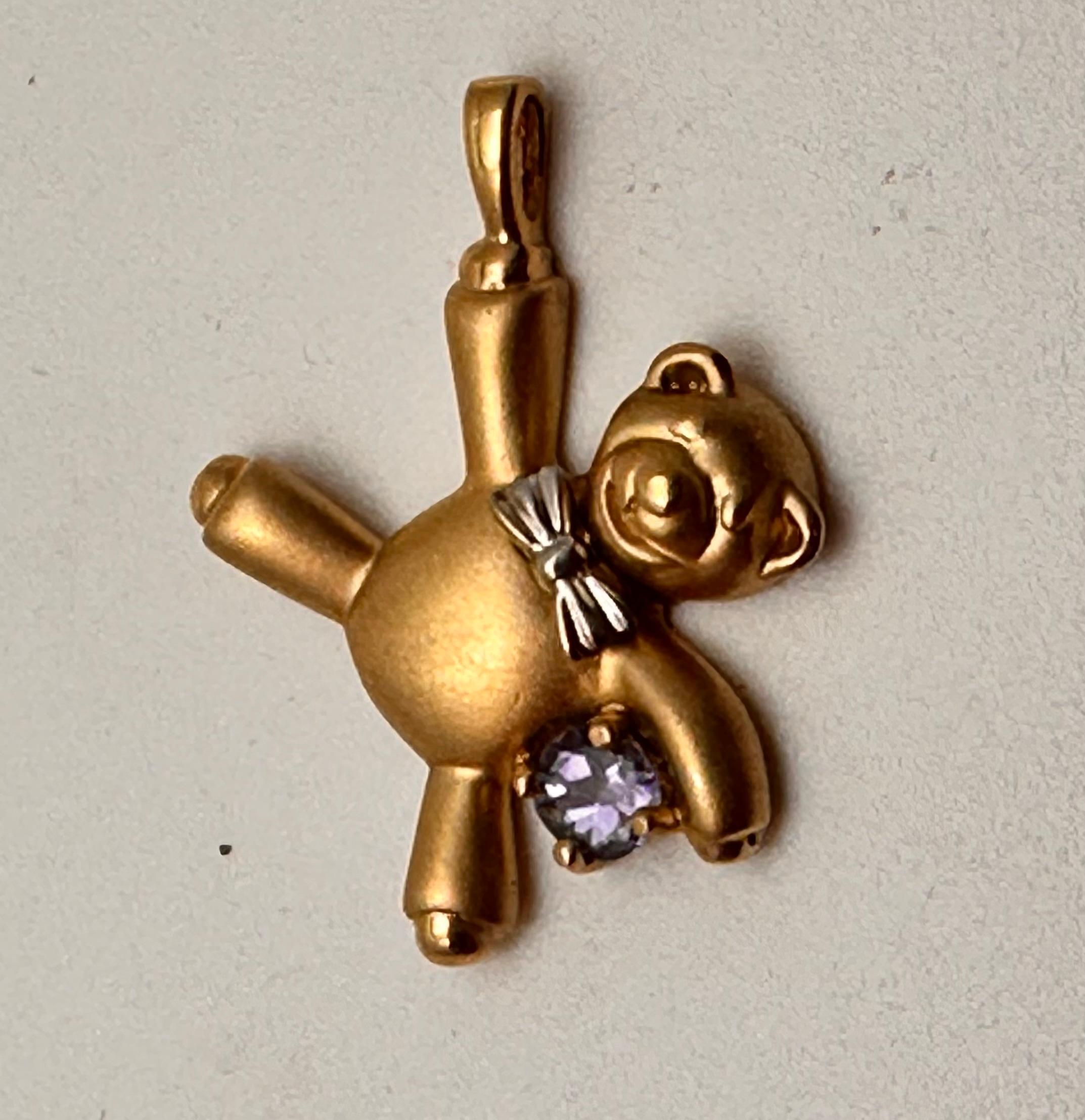 14k Yellow Gold Teddy Bear 4mm Round Tanzanite Pendant Charm For Sale ...