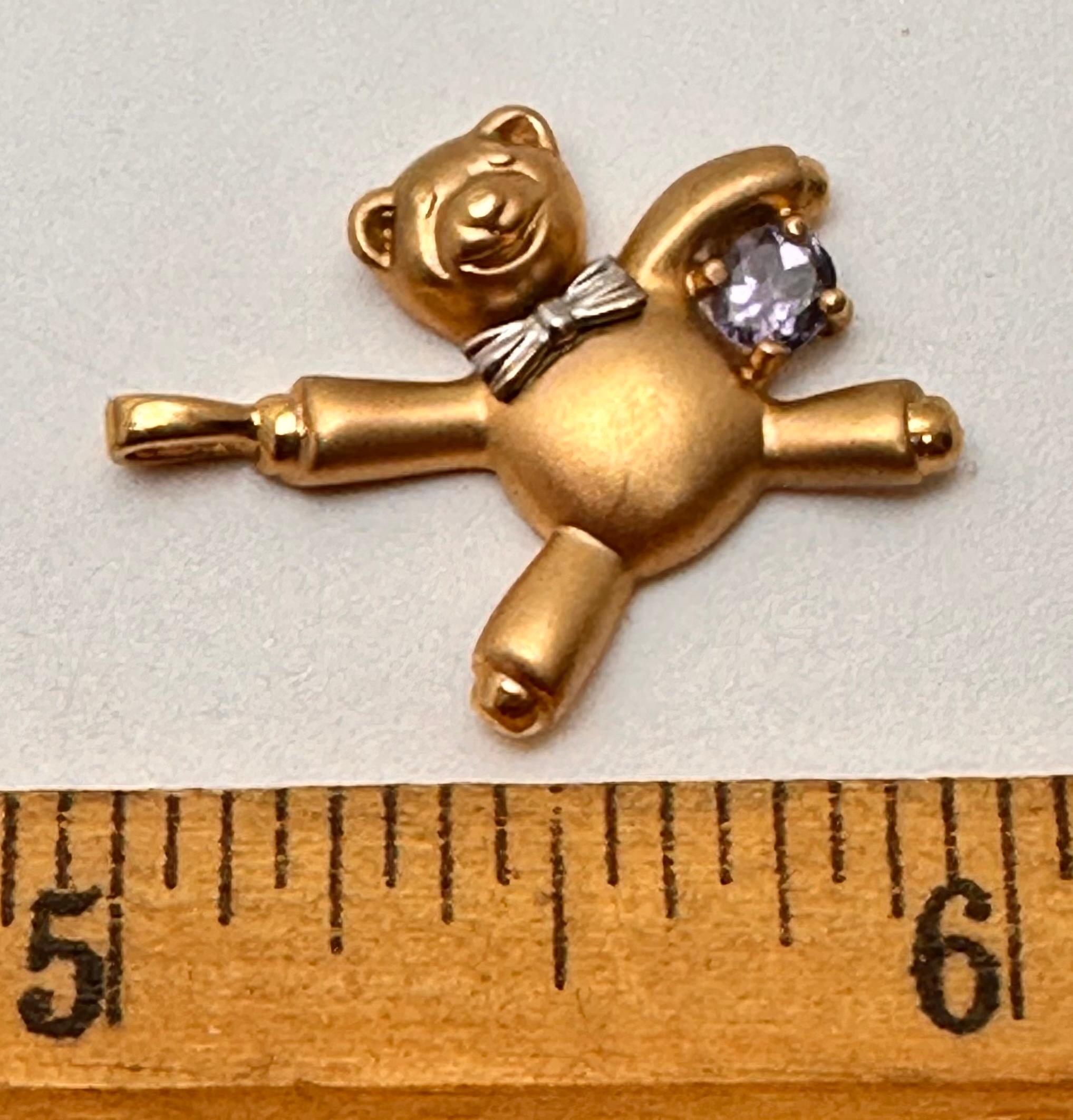14k Yellow Gold Teddy Bear 4mm Round Tanzanite Pendant Charm For Sale ...