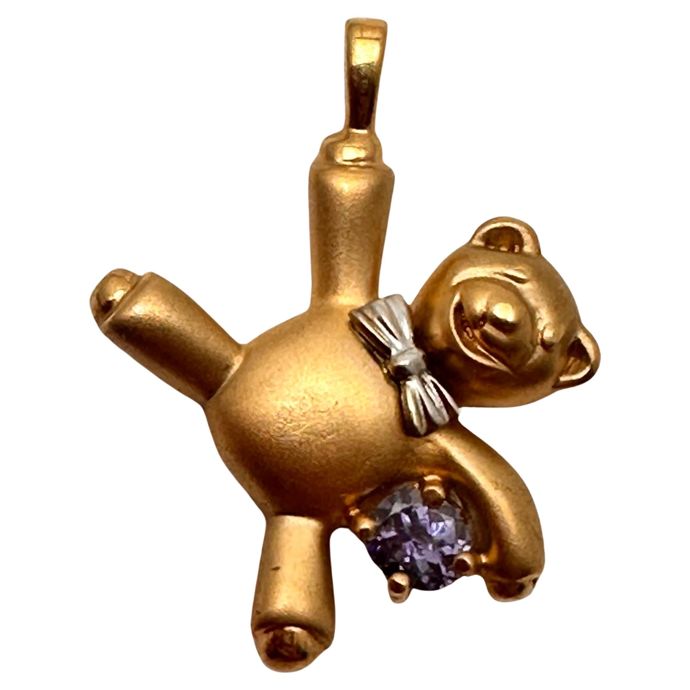 14k Yellow Gold Teddy Bear 4mm Round Tanzanite Pendant Charm For Sale ...