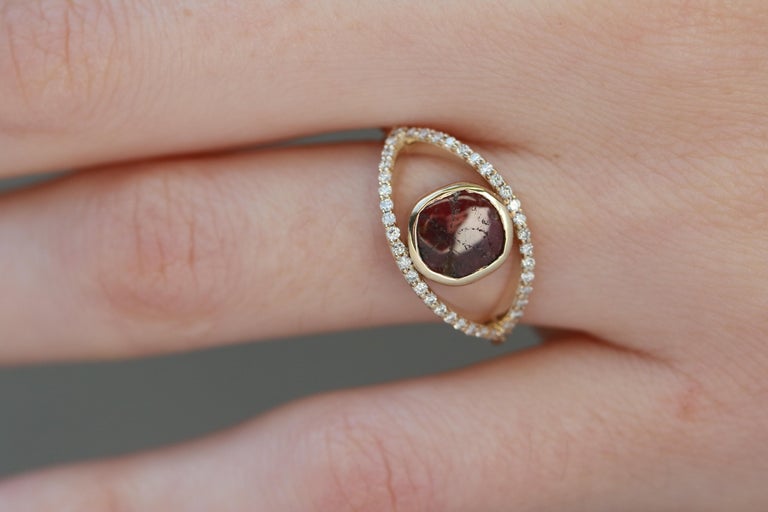 14k Yellow Gold Trapiche Ruby Diamond Halo Eye Ring For Sale at 1stDibs