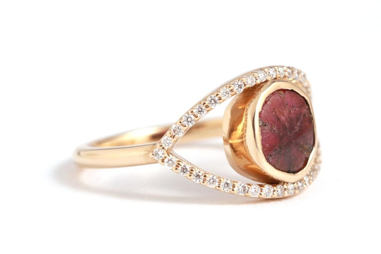 14k Yellow Gold Trapiche Ruby Diamond Halo Eye Ring For Sale at 1stDibs