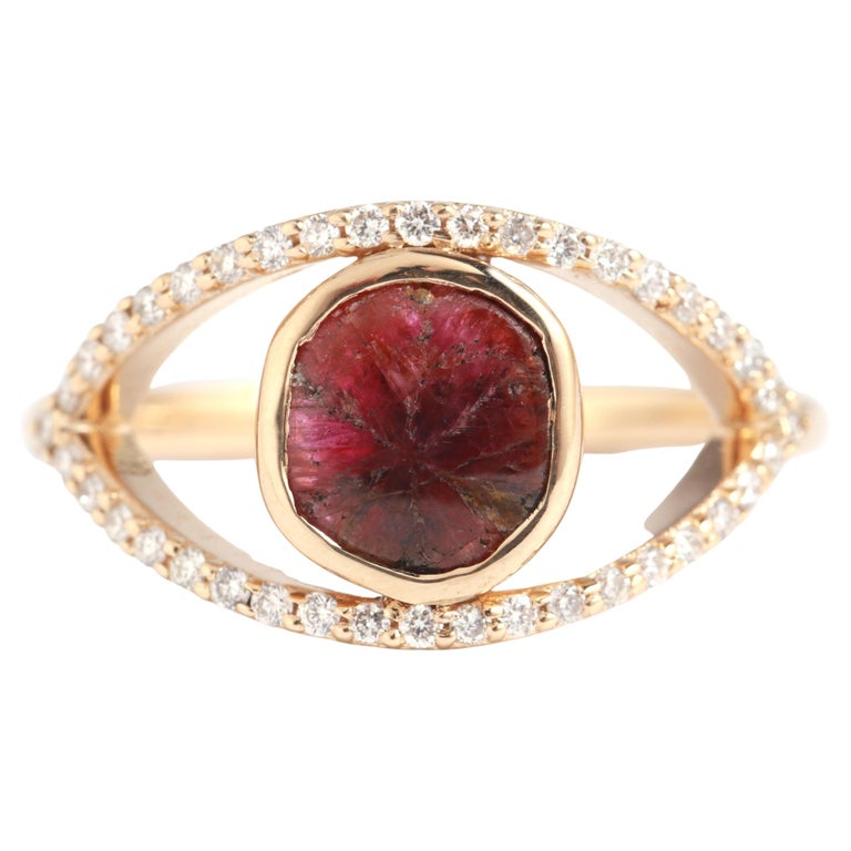 14k Yellow Gold Trapiche Ruby Diamond Halo Eye Ring For Sale at 1stDibs