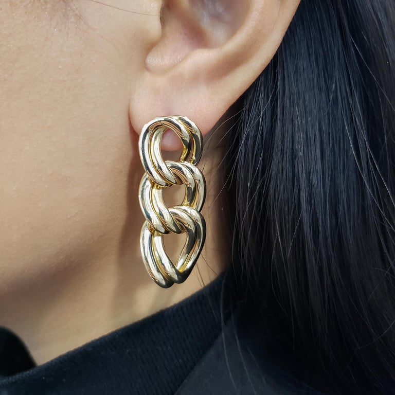 14 Karat Yellow Gold Triple Chain Dangle Earrings For Sale at 1stDibs