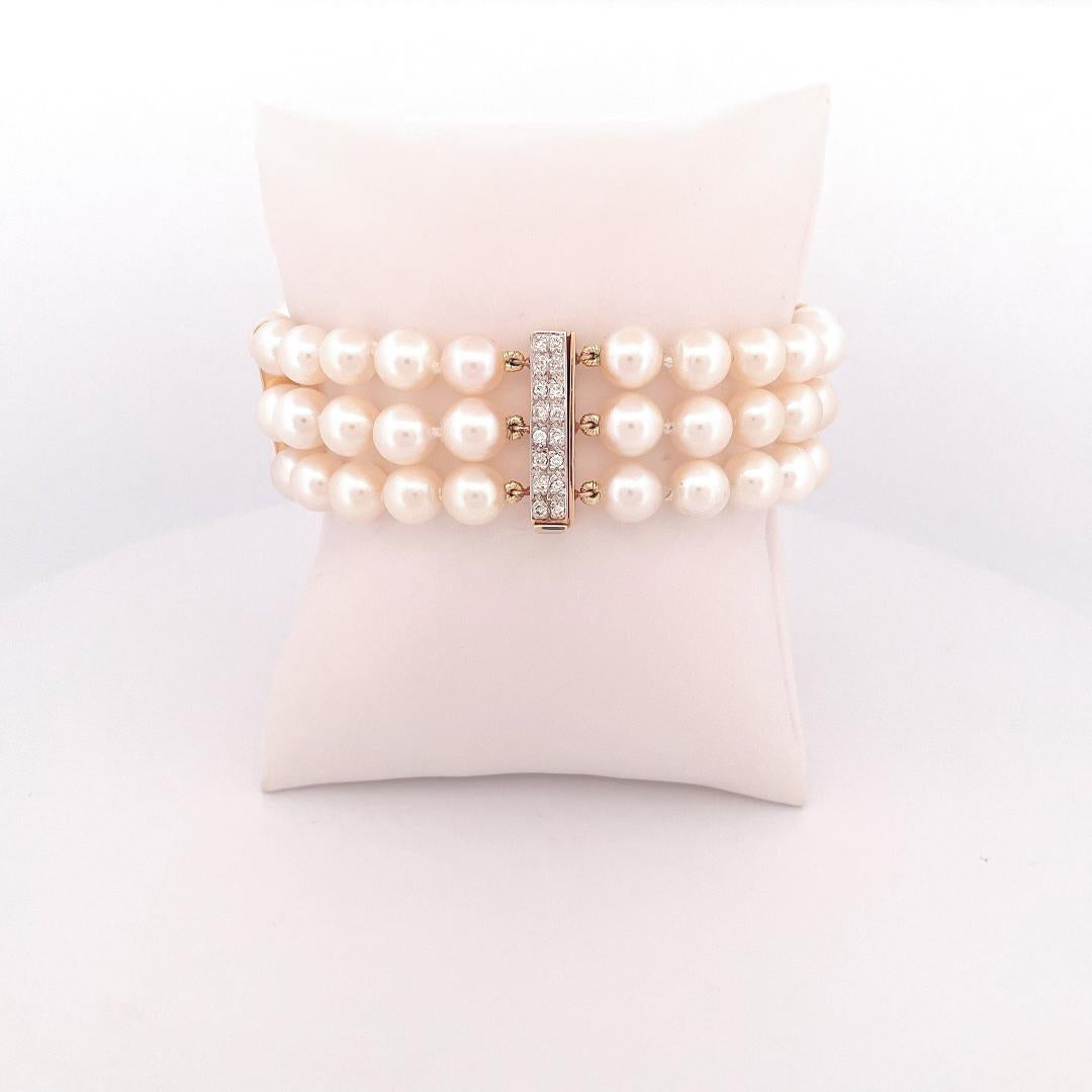 14k Yellow Gold Triple Strand Pearl and Diamond Bracelet For Sale at ...