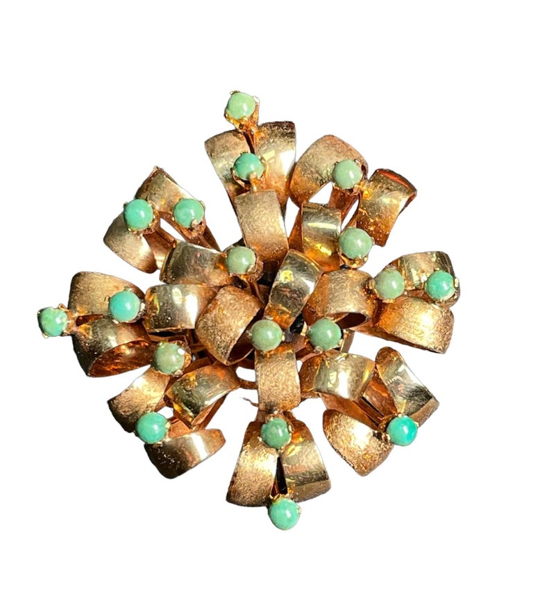 14k Yellow Gold Turquoise Beads Large Bow Brooch For Sale at 1stDibs