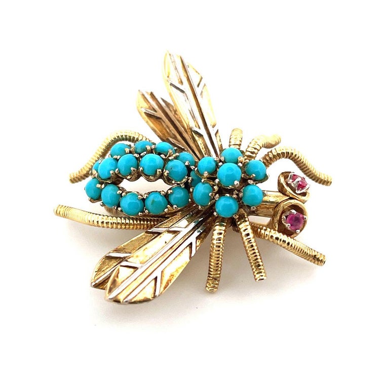 14k Yellow Gold Turquoise Bee Brooch For Sale at 1stDibs
