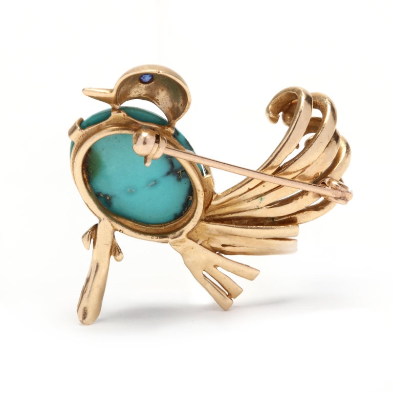 14 Karat Yellow Gold and Turquoise Bird Brooch at 1stDibs
