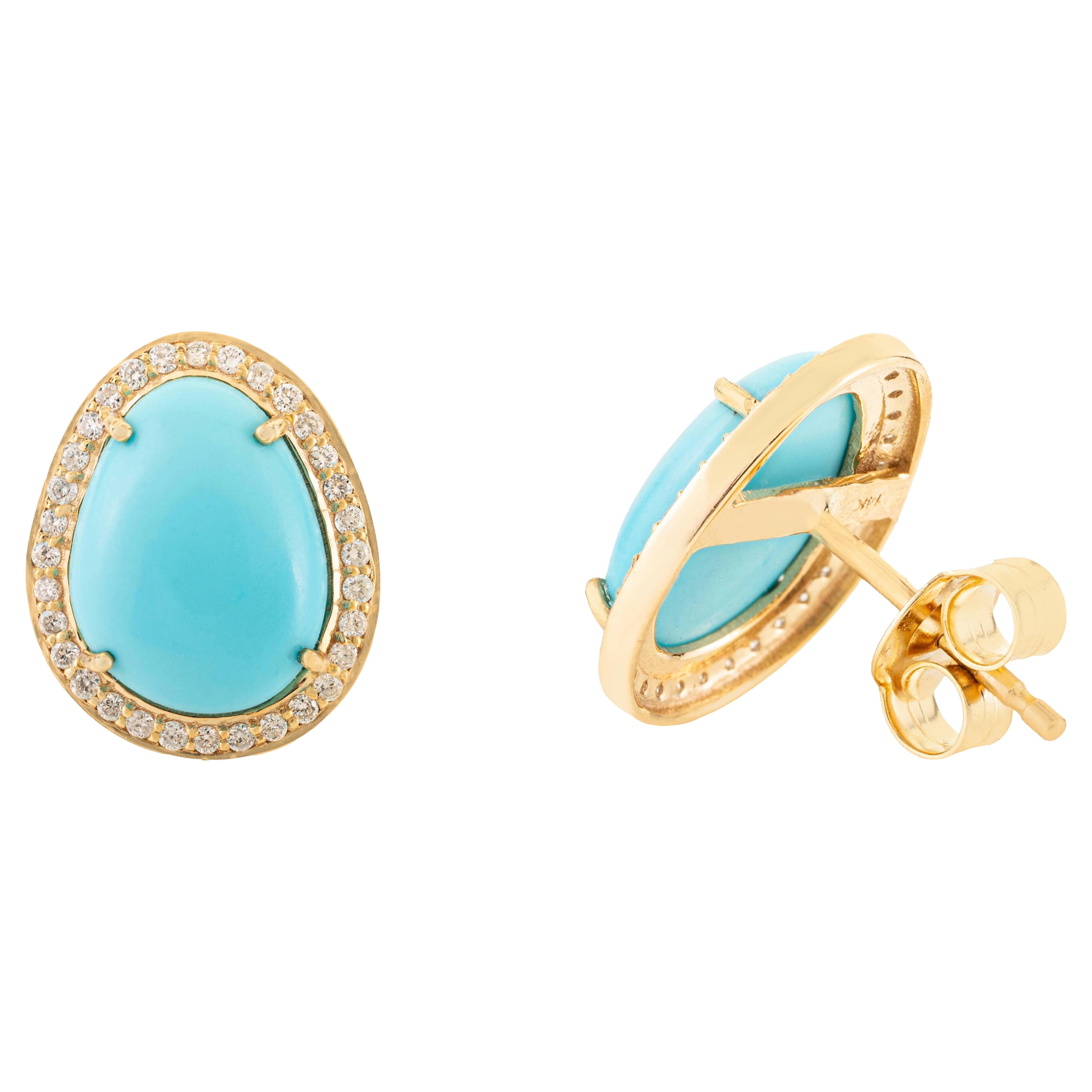 Turquoise and Diamond Halo Stud Earrings in 14K Yellow Gold For Sale at ...