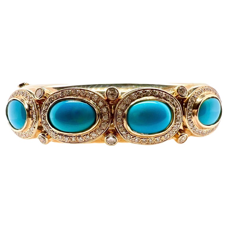 14k Yellow Gold Turquoise and Diamond Handmade Bangle For Sale at 1stDibs