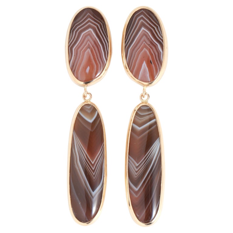 14k Yellow Gold Two Drop Lace Agate Earrings For Sale at 1stDibs