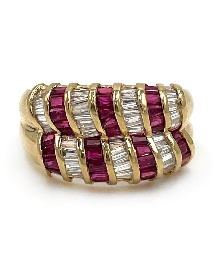 14K Yellow Gold Two Row Ruby and Diamond Baguette Right Hand Ring For ...