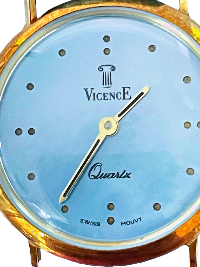 14k Yellow Gold Vicense Blue Pearlized Ladies Quartz Watch with Leather ...