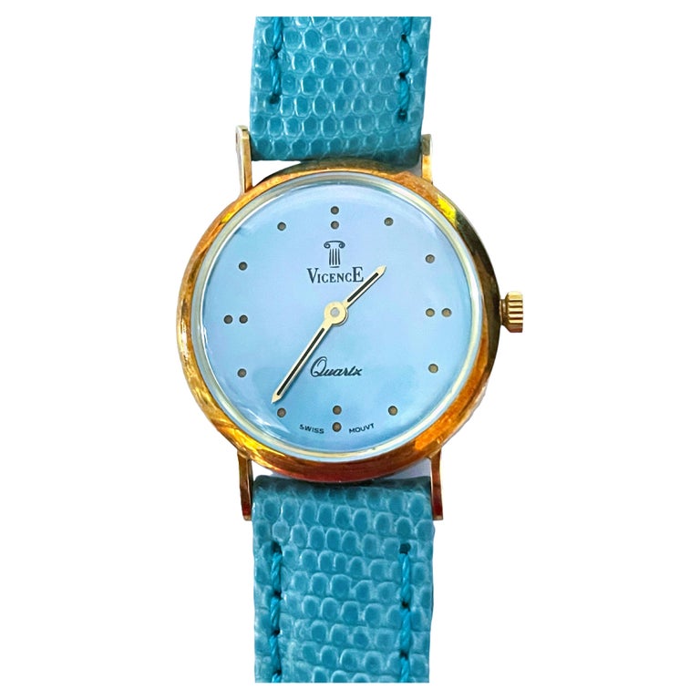 14k Yellow Gold Vicense Blue Pearlized Ladies Quartz Watch with Leather ...