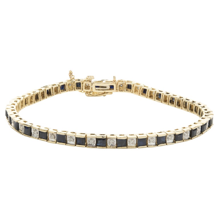 14k Yellow Gold Vintage Sapphire and Diamond Alternating Inline Tennis Bracelet For Sale at 1stDibs