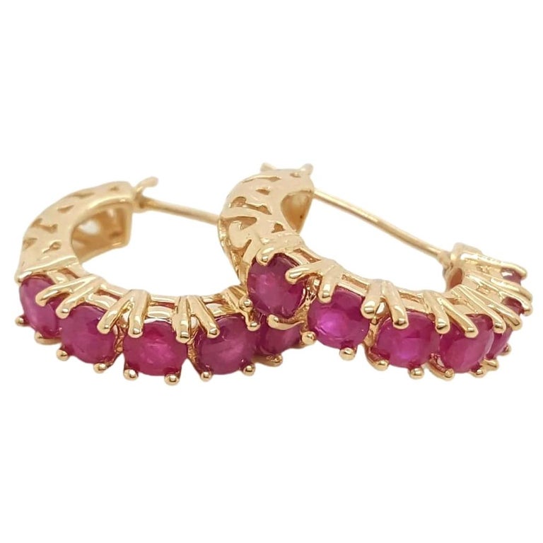 14 Karat Yellow Gold Vintage Style Ruby Small Hoop Huggie Earrings For ...