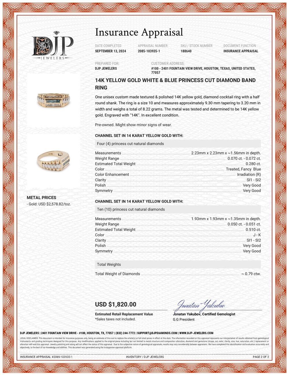 14K Yellow Gold White and Blue Princess Cut Diamond Band Ring For Sale ...