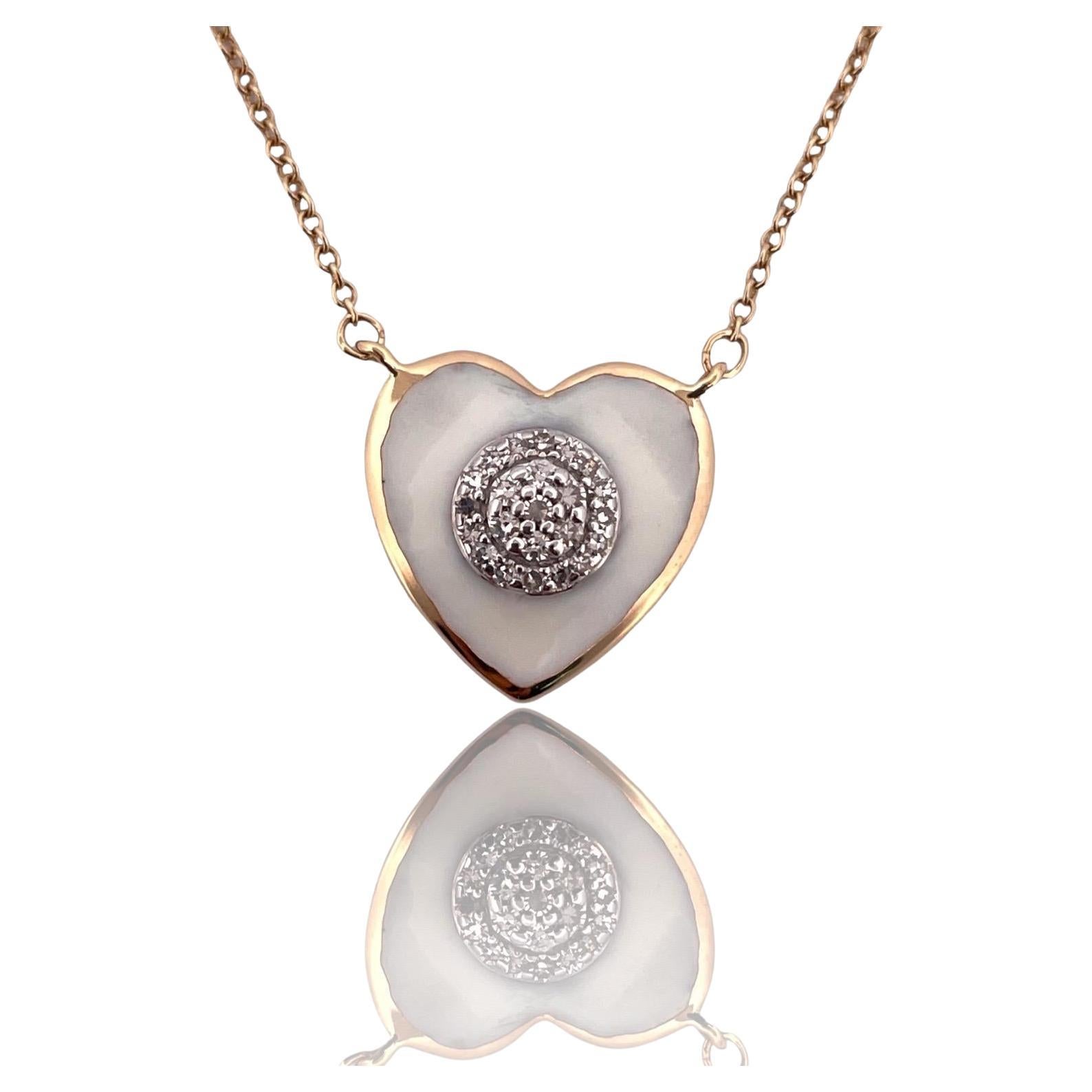 14K Yellow Gold and White Enamel Natural Diamond Heart Necklace For ...