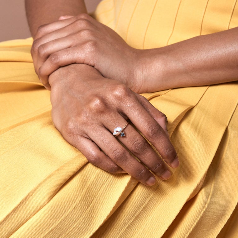 14k Yellow Gold White Pearl Blue Topaz Ruby Princess of Whales Ring Baubou For Sale at 1stDibs