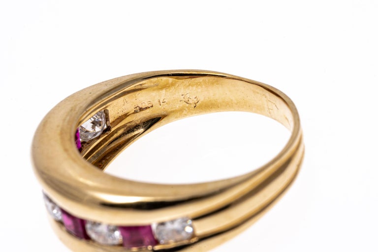14k Yellow Gold Wide Bezel Diamond and Square Ruby Channel Band Ring ...