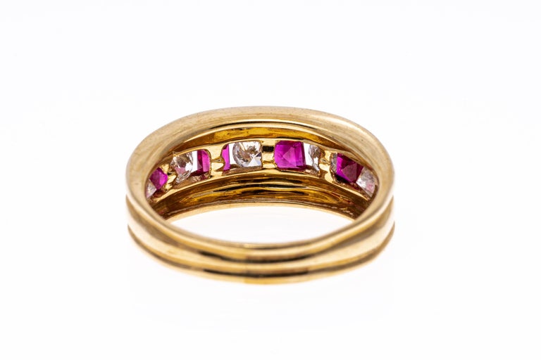 14k Yellow Gold Wide Bezel Diamond and Square Ruby Channel Band Ring ...
