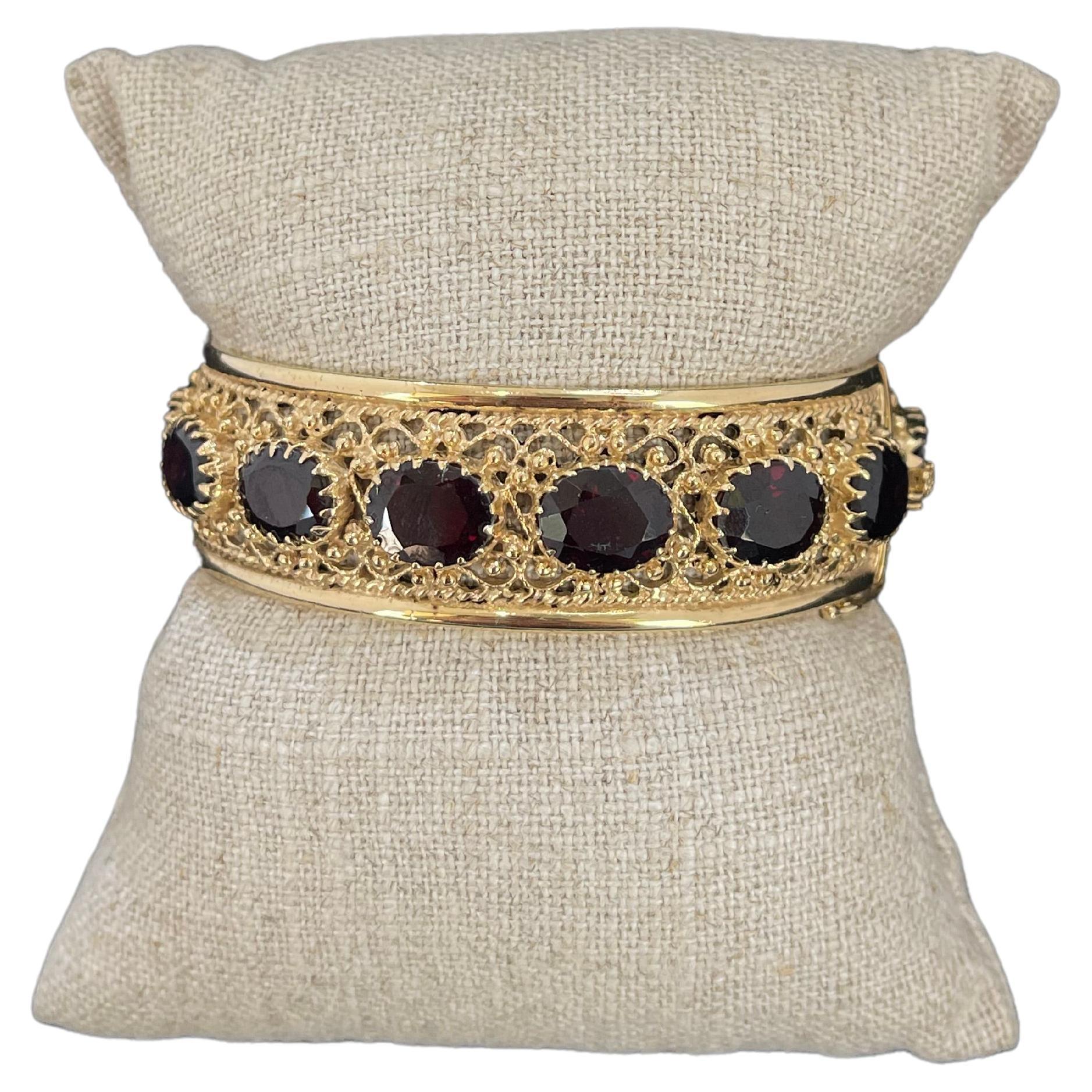 14K Yellow Gold Wide Fancy Oval Garnet Bangle For Sale at 1stDibs