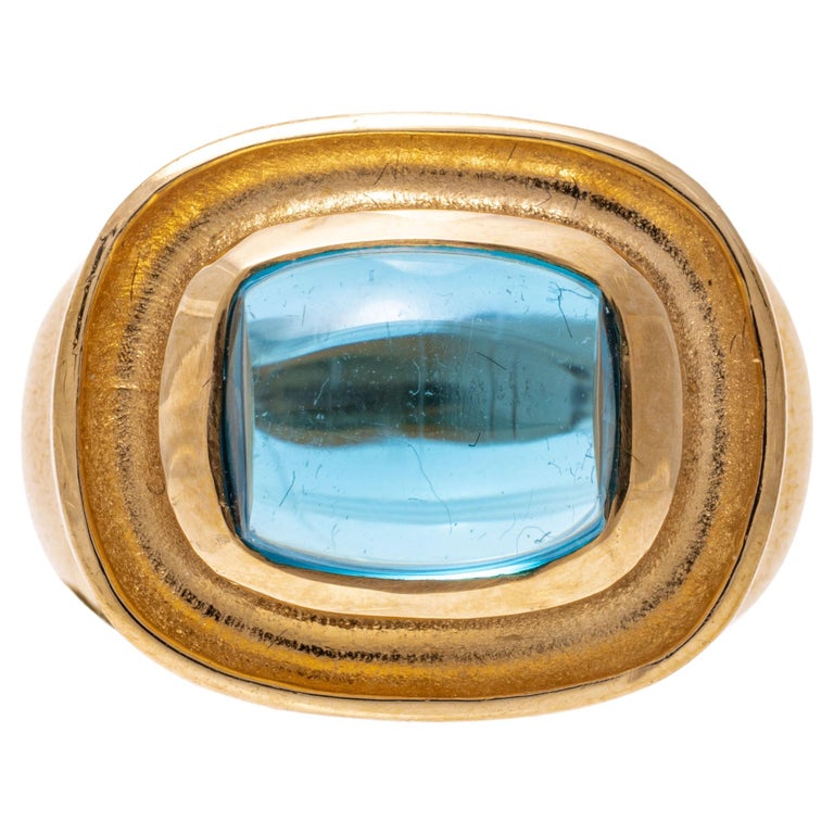 14k Yellow Gold Wide Horizontal Sugarloaf Blue Topaz Contemporary Ring ...