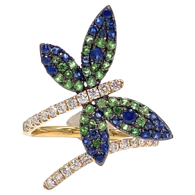 14k Yellow Gold Wraparound Dragonfly Ring with Sapphires and Tsavorite ...