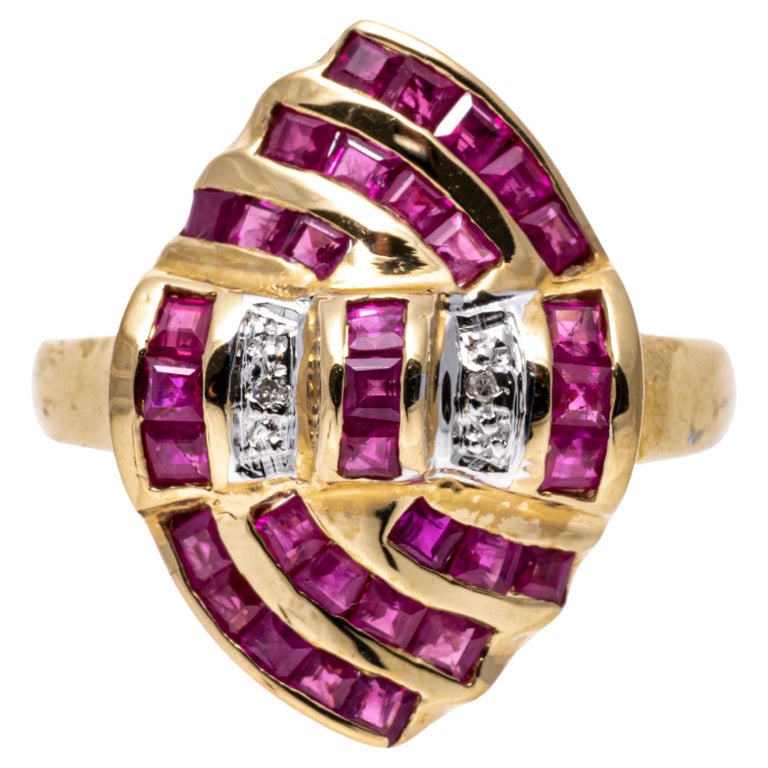 14k Yellow Navette Shaped Channel Ruby and Diamond Ring For Sale at 1stDibs