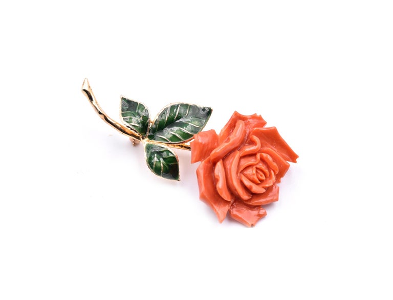 14 Karat Yellow Rose Carved Coral Pin For Sale at 1stDibs