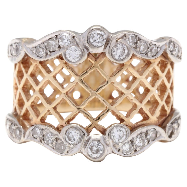 14K Yellow and White Gold Diamond Scroll Lattice Wide Band at 1stDibs