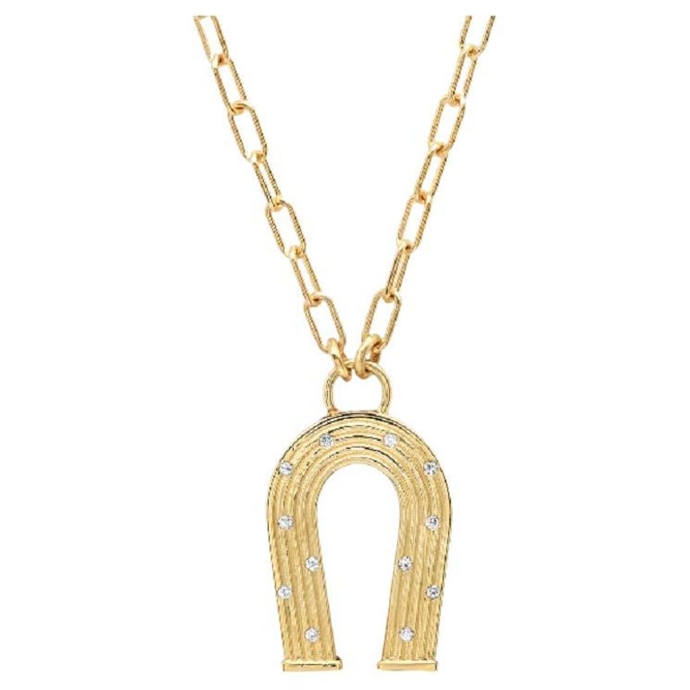14K Yellow Gold Small Reeded Gold and Diamond Horseshoe Necklace For ...