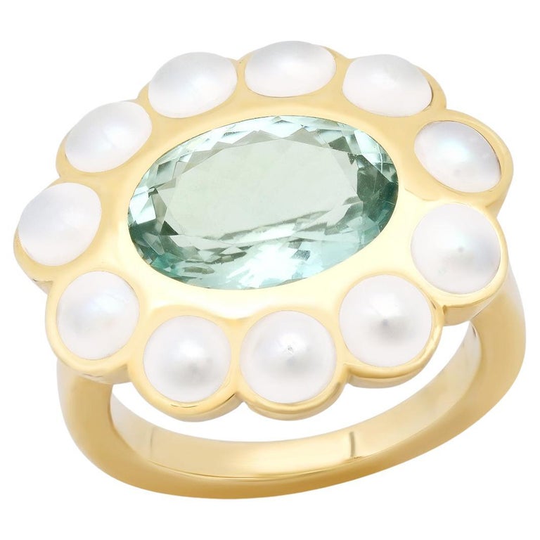 14k YG Morea Green Tourmaline and Pearl Ring For Sale at 1stDibs
