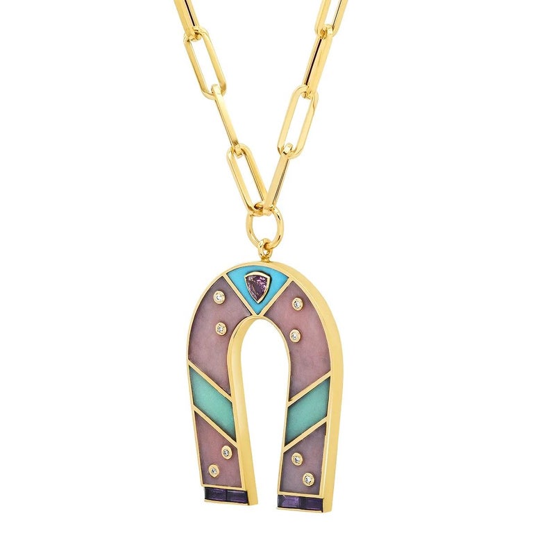 14K YG Pink Opal and Chrysoprase Inlay Manifest Necklace For Sale at ...