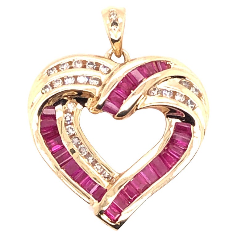 14kt Channel Set Ruby and Diamond Heart Pendant at 1stDibs