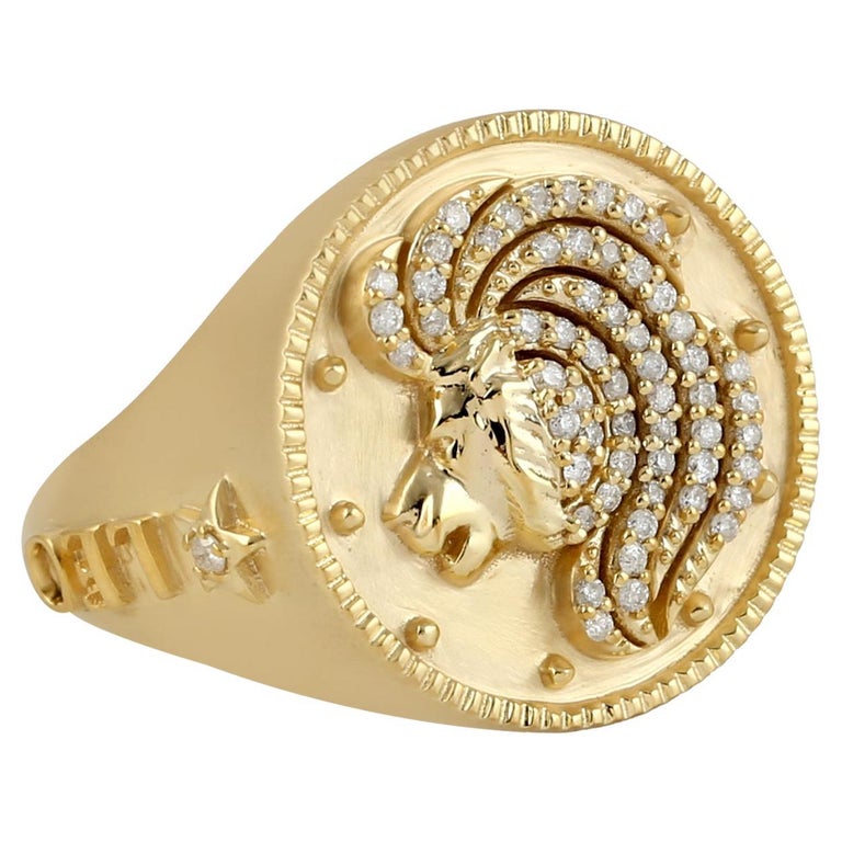 14K Designer Gold Ring with Pave Diamond Setting in Leo Zodiac Shape ...