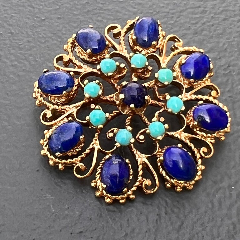 14 Karat Gold Turquoise and Lapis Victorian Revival Brooch For Sale at ...