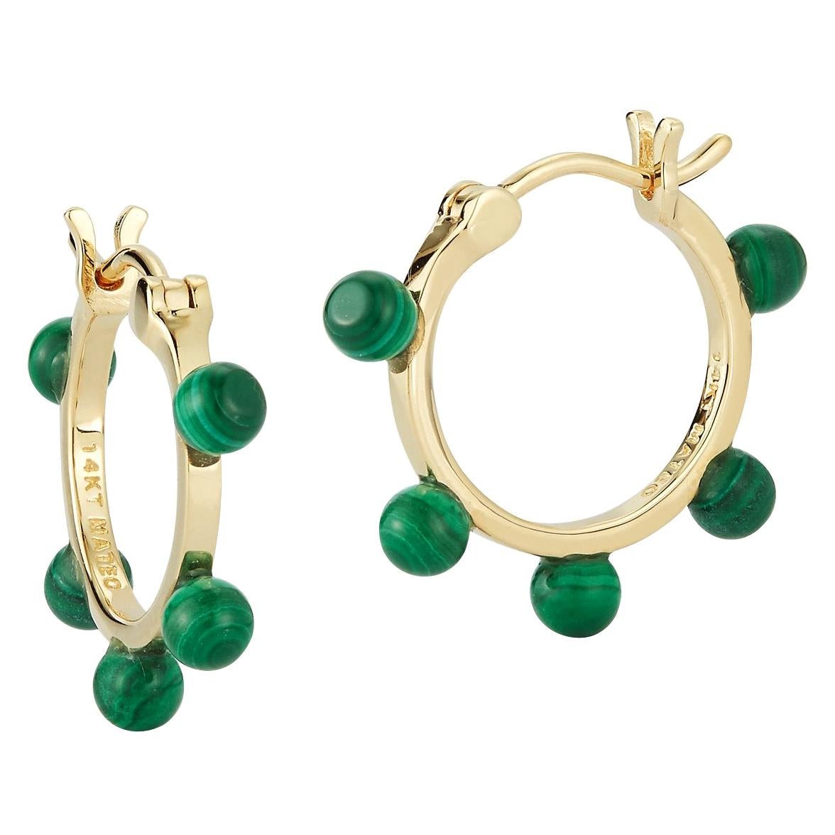 14kt Small Malachite Dot Hoops For Sale at 1stDibs