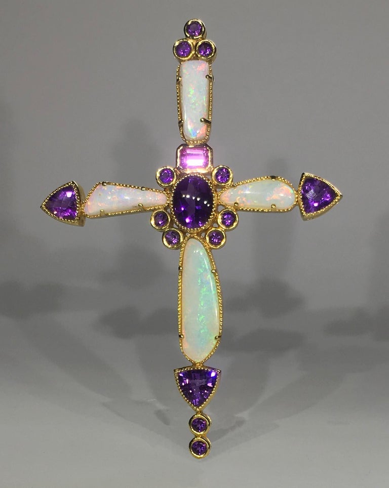 14Kt Yellow Gold Bejeweled Cross Pendant Set with Amethyst, Opal and ...