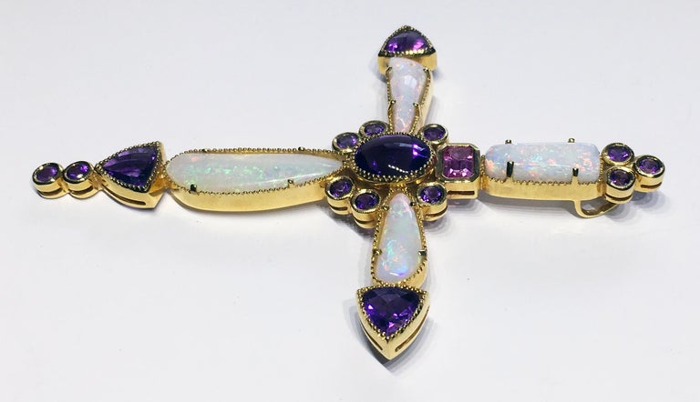 14Kt Yellow Gold Bejeweled Cross Pendant Set with Amethyst, Opal and ...