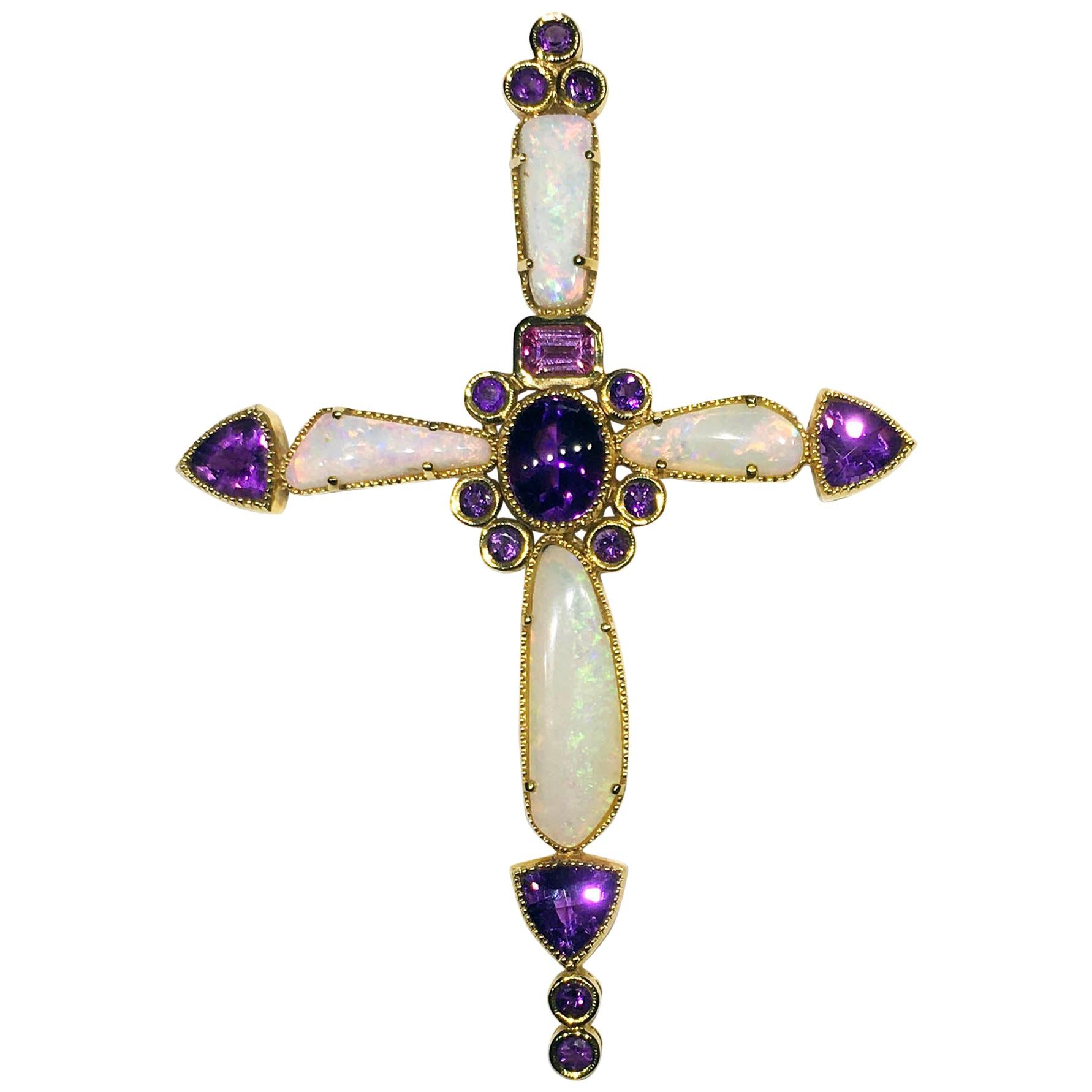 14Kt Yellow Gold Bejeweled Cross Pendant Set with Amethyst, Opal and ...