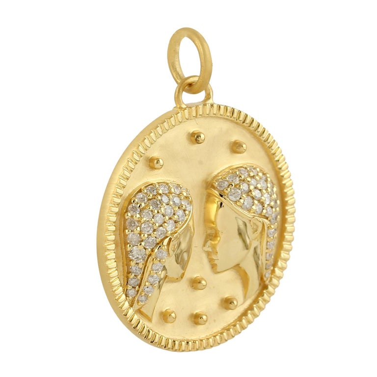 14kT Yellow Gold Designer Gemini Zodiac Charm Pendant With Natural Pave ...