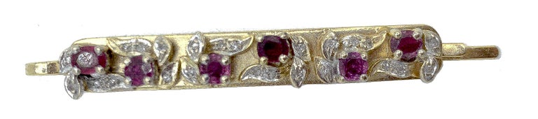 14 Karat Yellow Gold Diamond and Ruby Female Hair Pin Set at 1stDibs