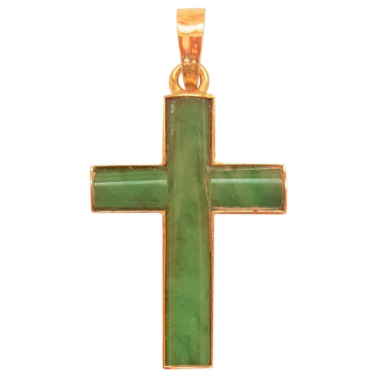 14kt Yellow Gold Green Jade Cross Pendant, Vibrant Color at 1stDibs