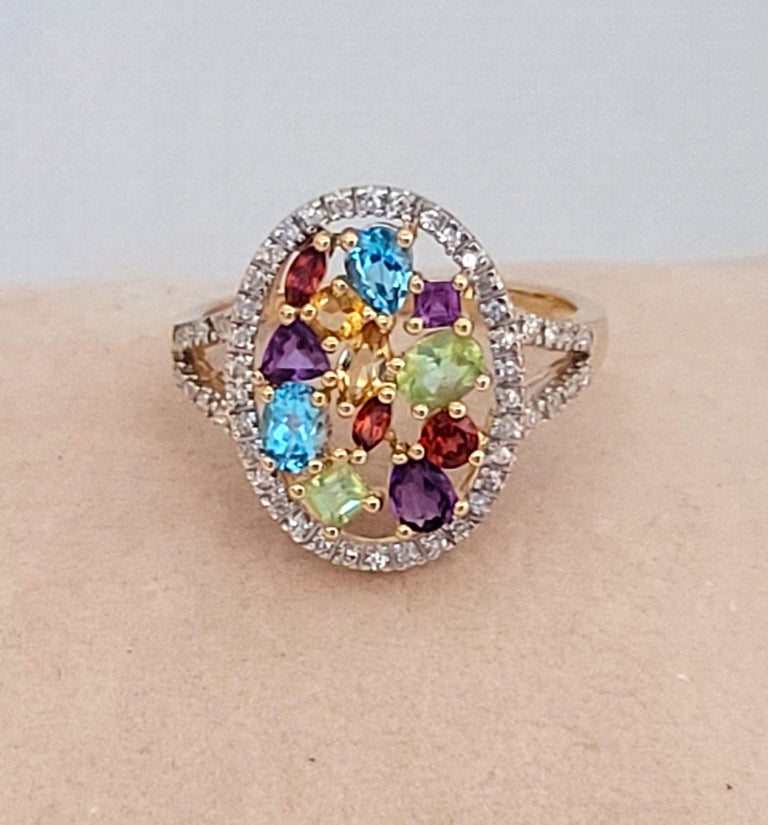 14kt Yellow Gold Multi-Colored Gemstone Round Brilliant Diamond Ring ...