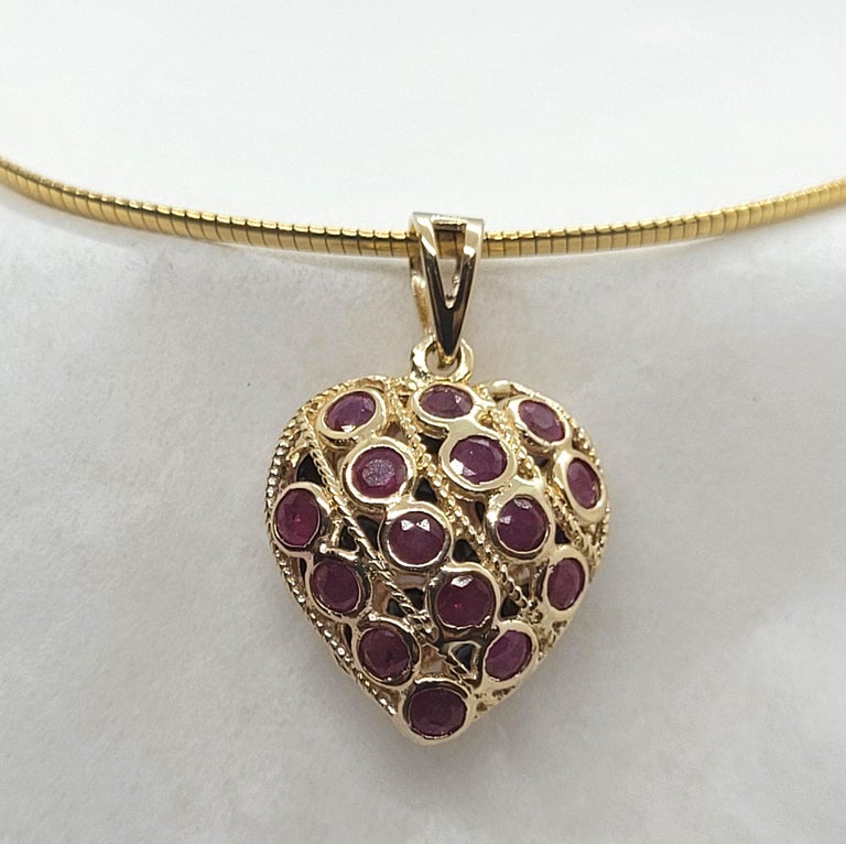 14kt Yellow Gold Ruby Sapphire Puff Heart Pendant Reversible at 1stDibs