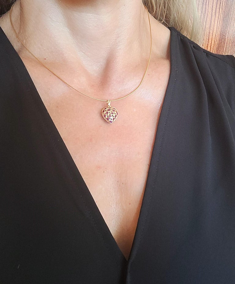 14kt Yellow Gold Ruby Sapphire Puff Heart Pendant Reversible at 1stDibs