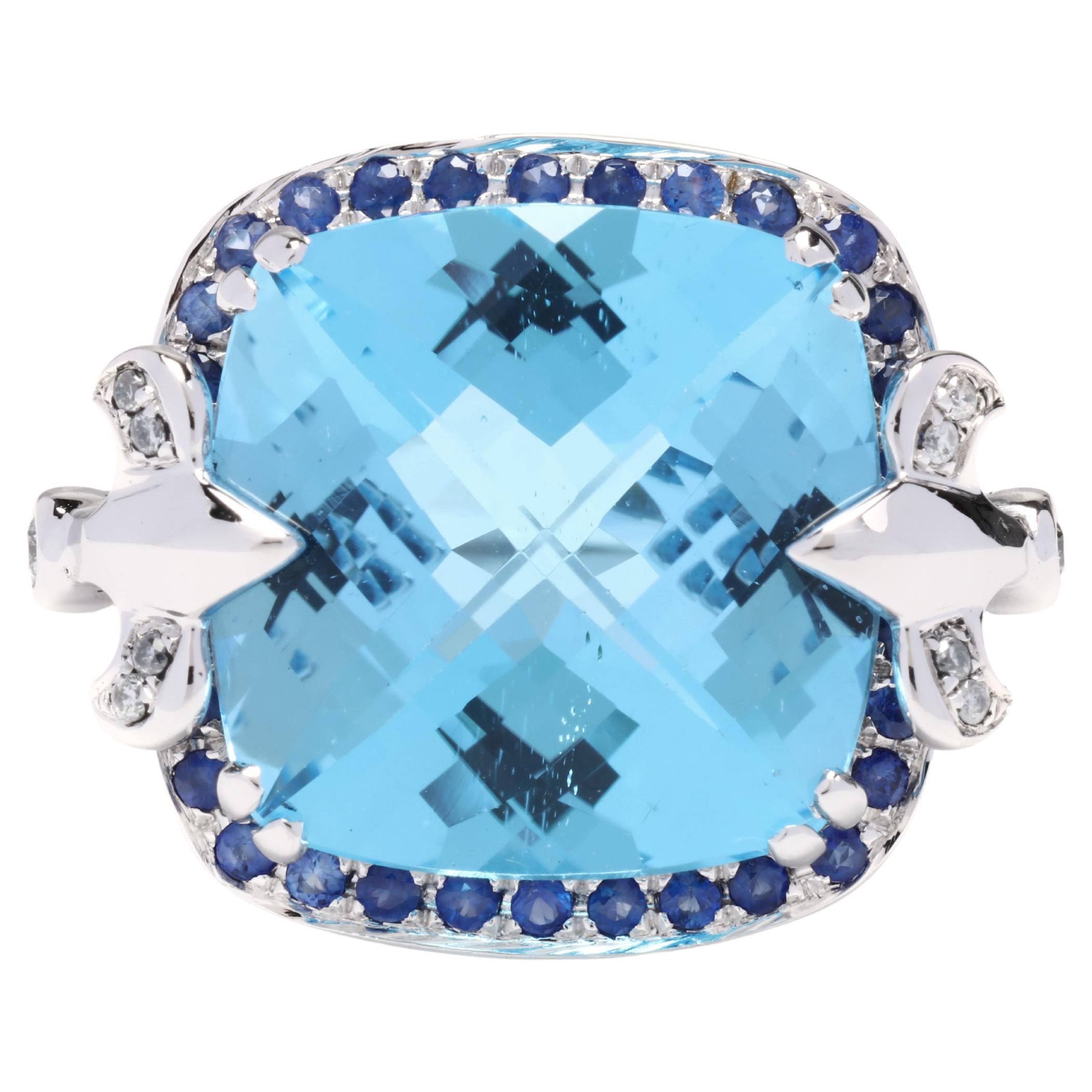 Large Swiss Blue Topaz Diamond Platinum Cocktail Ring at 1stDibs
